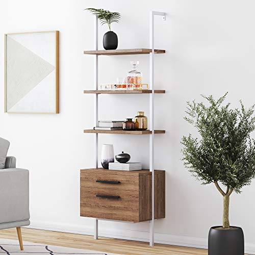 Nathan James Theo 6-Shelf Tall Bookcase, Rustic Oak/White & Theo Industrial Bookshelf with Wood Drawers and Matte Steel Frame, 3-Shelf, Oak/White
