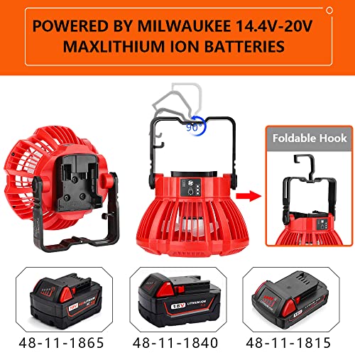 YEX-BUR Portable Camping Fan for Milwaukee, Rechargeable Personal Desk Tent Fan with Foldable Hook,Remote Control 4H Timer for Milwaukee 18V Li-ion Battery Cordless Fan for Camping, Bedroom