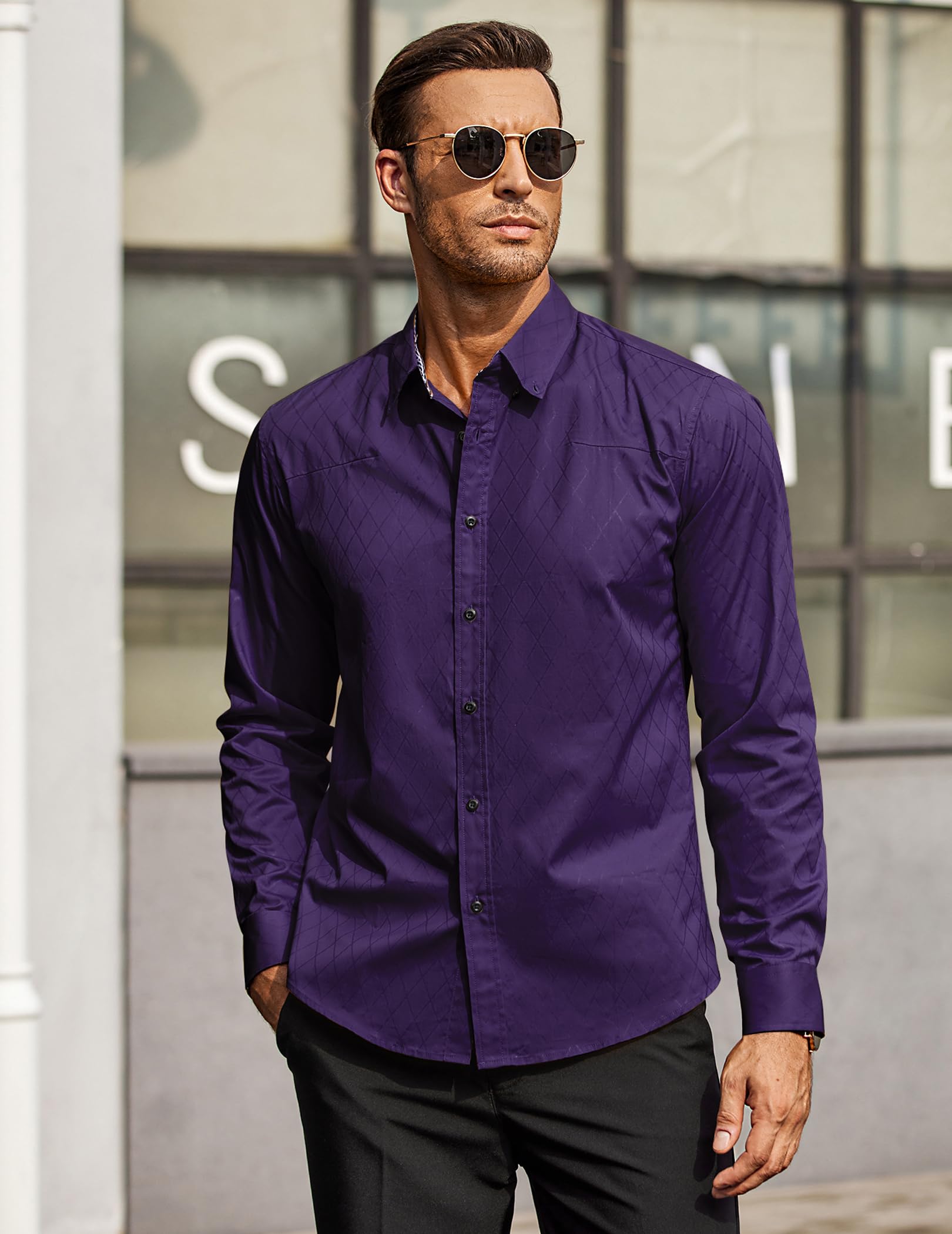 COOFANDY Mens Shirt Business Dress Casual Slim Fit Button Down, Solid Purple, XX-Large, Long Sleeve