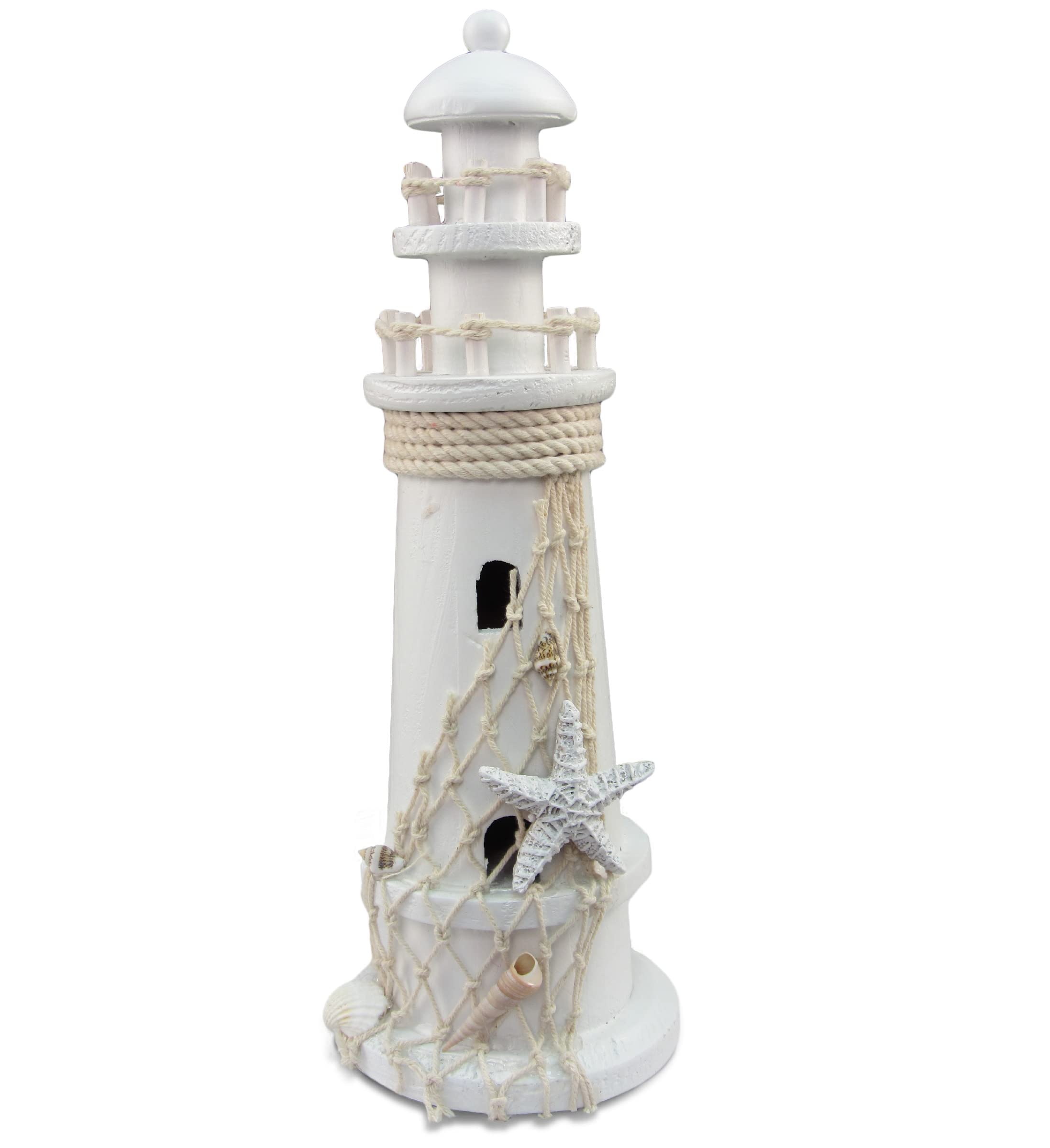 Puzzled COTA Global White Lighthouse Decor - Handmade and Crafted Wooden Lighthouse Decoration with Starfish and Fish Net, Decorative Beach Style Tabletop Centerpiece - 11 Inches