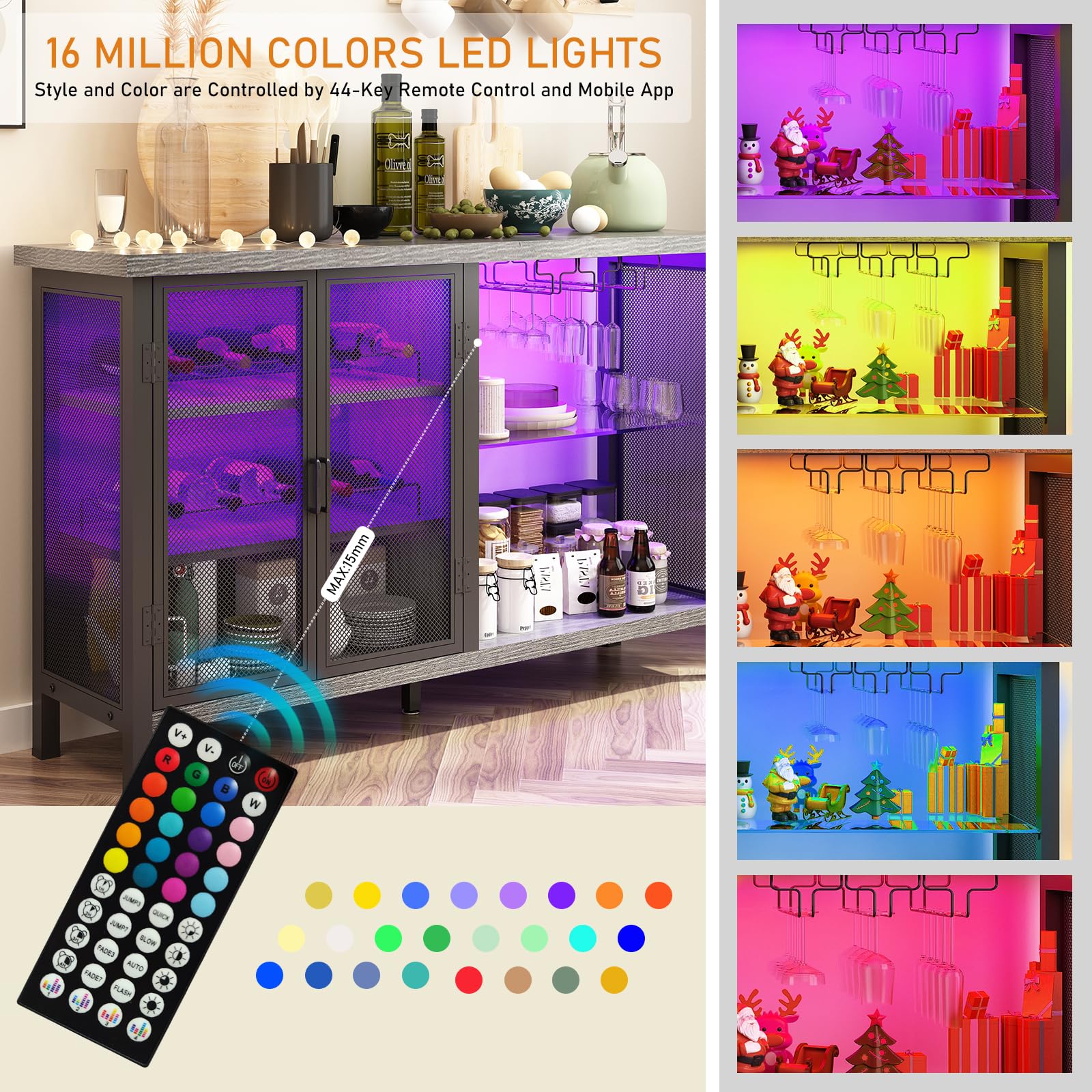 chartustriable Wine Bar Cabinet with 60000-Color Lights, Liquor Cabinet Bar with Bottle Rack and Glass Holder, Home Coffee Bar Cabinet, Buffet Sideboard with Storage Shelf for Kitchen, Dining Room