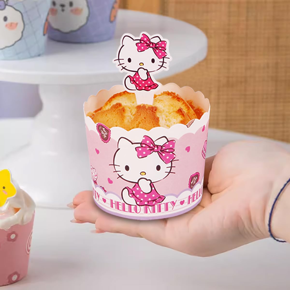 CHEFMADE 25 Pack Baking Cups Liner, Hello Kitty Cupcake Liners with 25Pack Mini Card, Cupcake Paper Cups for Muffins Desserts, Bake Sales, Wedding Table Decor, Baby Showers, Party Treats