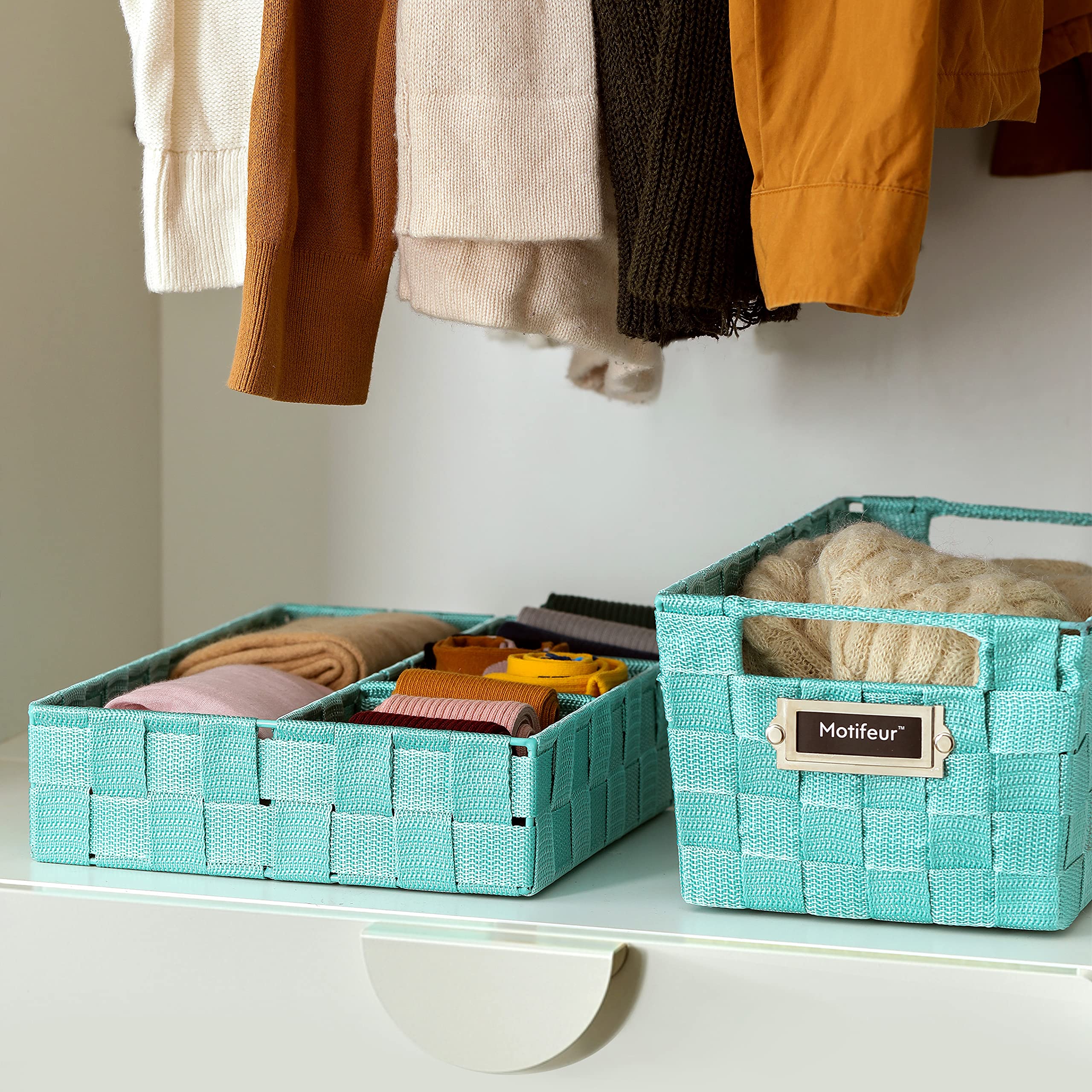 Motifeur Decorative Woven Strap Divided Basket, Bathroom Storage Bins with Compartment, Bedroom Organization Container with 4 Section (Green)
