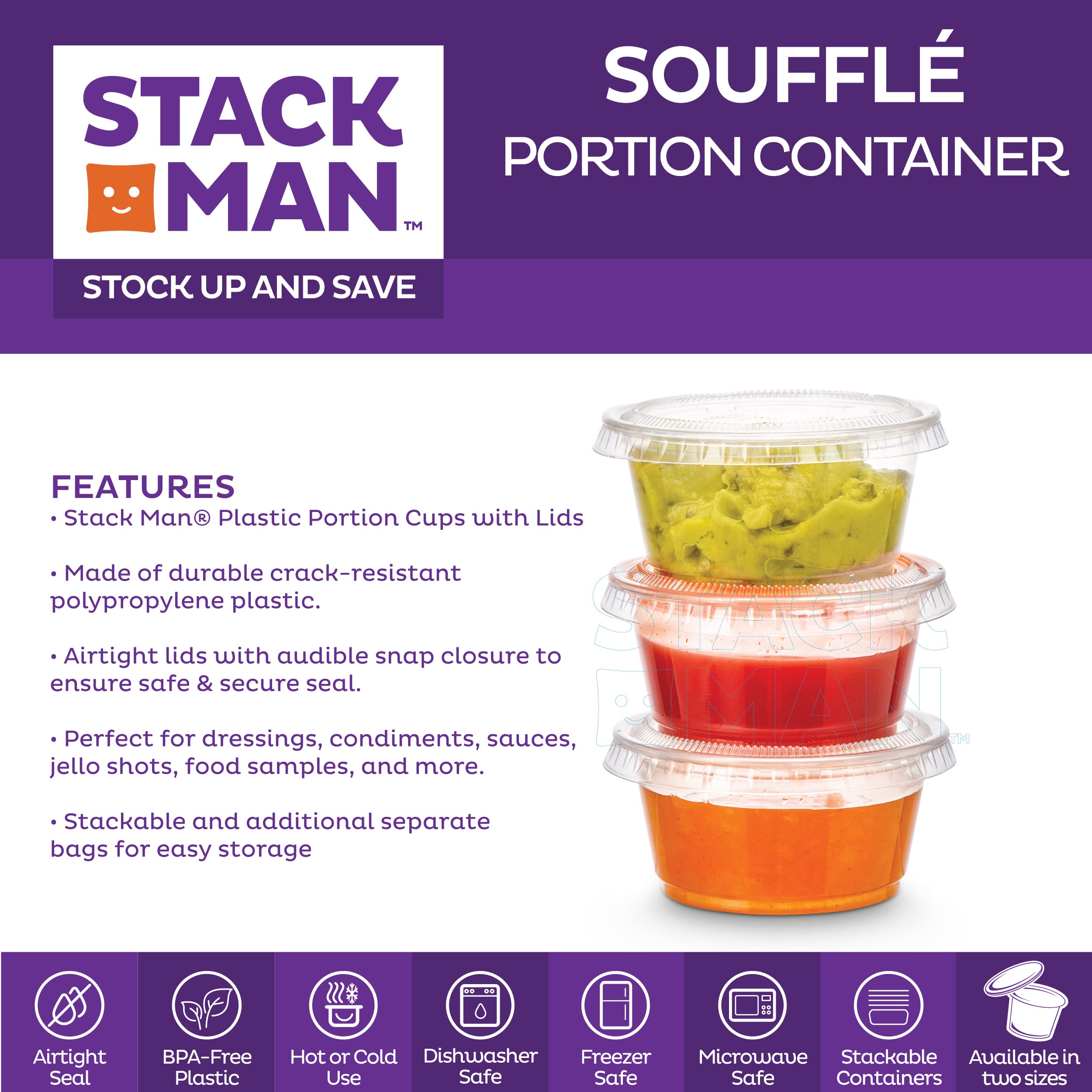 Mini Plastic Souffle Cups with Lids [2 oz - 100 Sets] Jello Shot Cups - 2oz Cup, Small Condiment & Snack Containers - Disposable 2 Ounce Plastic Portion Glasses & Lid for Sauce Dressing or Shots