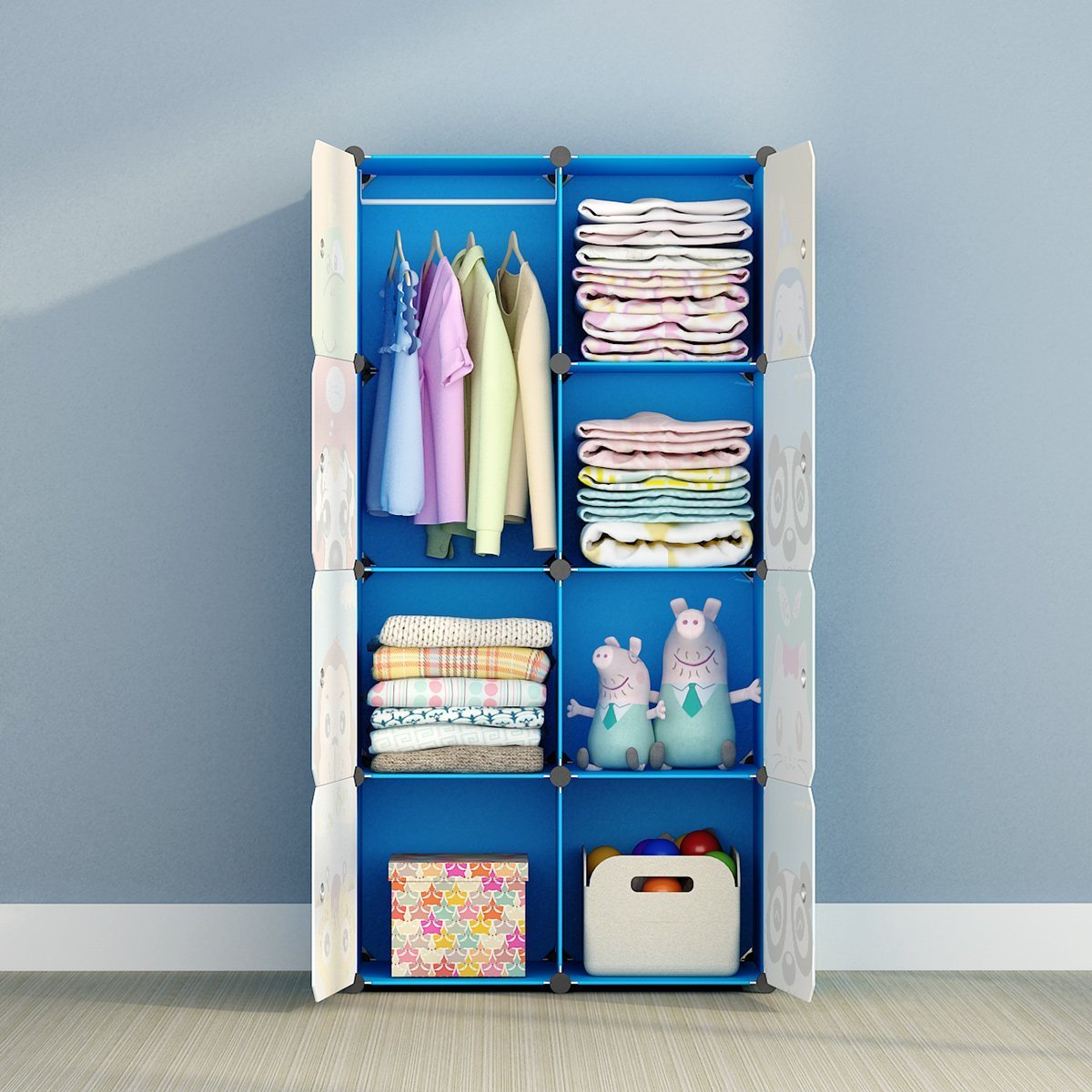 MAGINELS Children Wardrobe Kid Dresser Cute Baby Portable Closet Bedroom Armoire Clothes Hanging Storage Rack Cube Organizer(Blue, 6 Cube & 1 Rod)