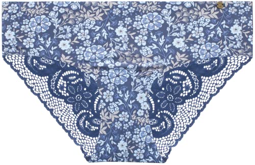 Lucky Brand Women's Underwear - Microfiber Lace Hipster Briefs (3 Pack), Size Large, Indigo/Blue/Silver Scone