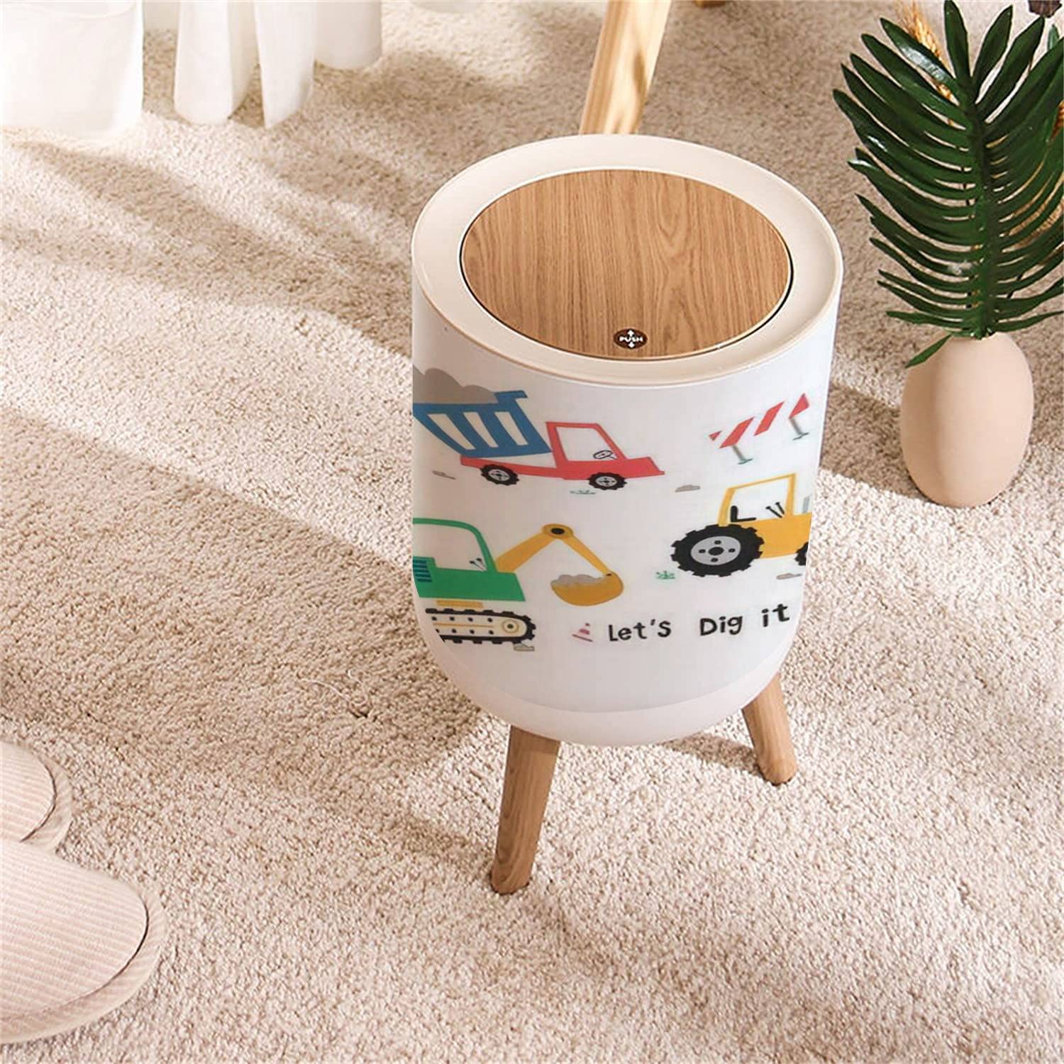 KCDCYCZEAL Small Trash Can with Lid Cute Construction Trucks for Kids Round Recycle Bin Press Top Dog Proof Wastebasket for Nursery Playroom Bedroom Office 7L/1.8 Gallon