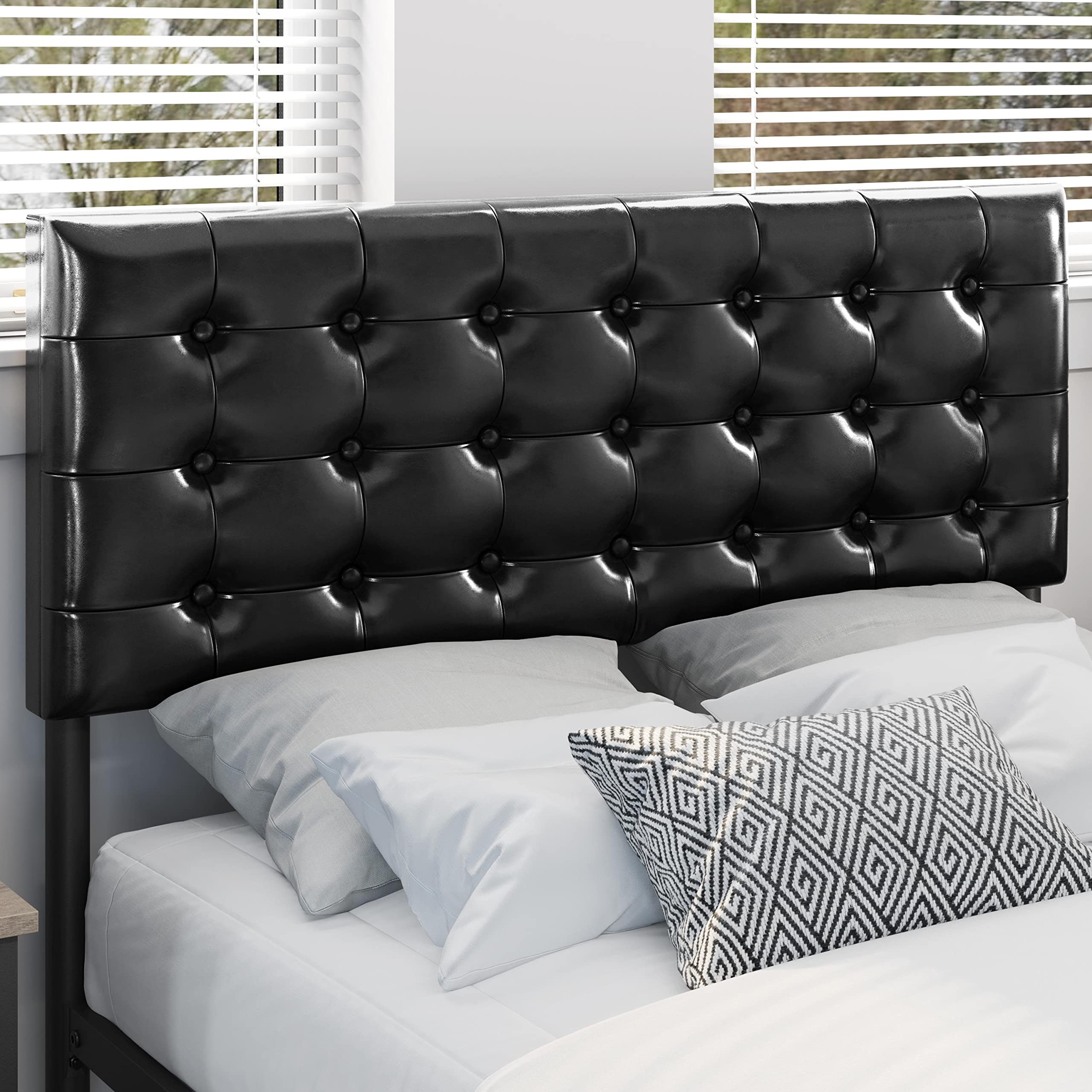 Yaheetech Full Bed Frame Metal Platform Bed with Faux Leather Height-Adjustable Headboard, 12 Inch Underbed Storage/Noise Free/No Box Spring Needed/Industrial Pipe Foot End, Elegant Brown Full Bed
