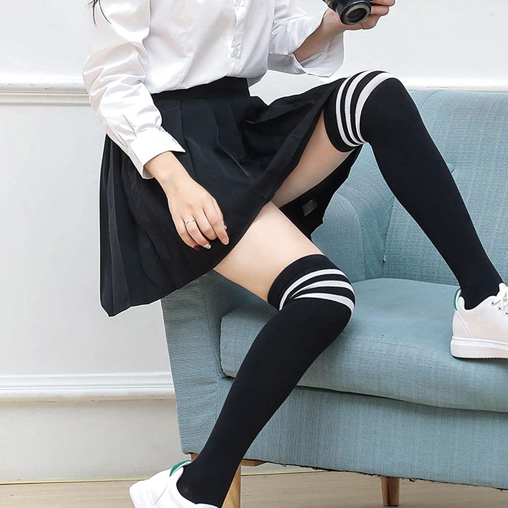 DRESHOW 3 Pairs High Thigh Socks Striped Over Knee Thin Tights Long Stocking Knee High Leg Warmer