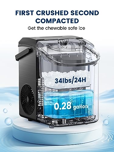 Kndko Nugget Ice Maker with Handle,33lbs/Day, Produce a Basket in 1.5 Hour, Self-Cleaning, One-Click Design, Compact Ice Maker Nugget with Chewy Ice for Home Bar Party,Black