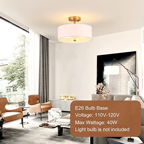 Ludil 3-Light Semi Flush Mount Ceiling Light Fixture, 13" Gold Drum Light Fixture, Modern Close to Ceiling Light with White Fabric Shade Lamps for Bedroom Living Dining Room Kitchen Hallway Entryway