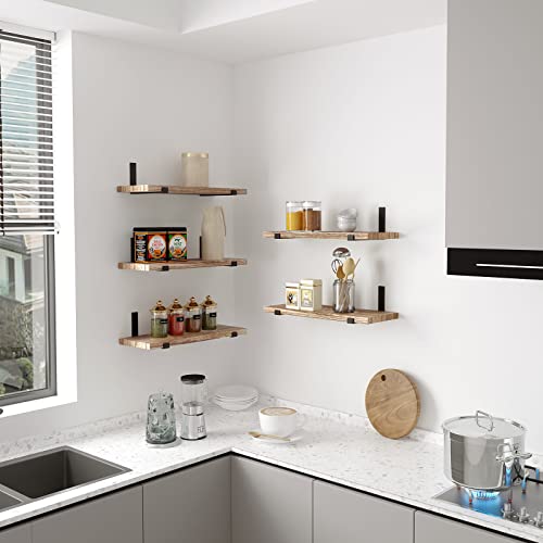 YGEOMER Floating Shelves, Set of 8, Rustic Wall Shelves, Wood Floating Shelf for Bedroom, Living Room, Book and Bathroom(Carbonized Black)