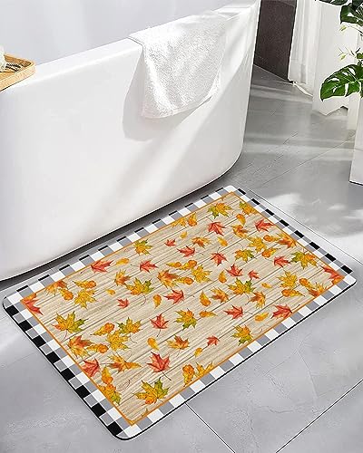 Orange Maple Leaf Bath Mat for Tub,Non Slip Bathroom Floor Runner Rug Quick Dry & Absorbent Diatomaceous Earth Kitchen Shower Sink Washable Doormat,Autumn Fall Leaves Rustic Black White Plaid 20"x32"