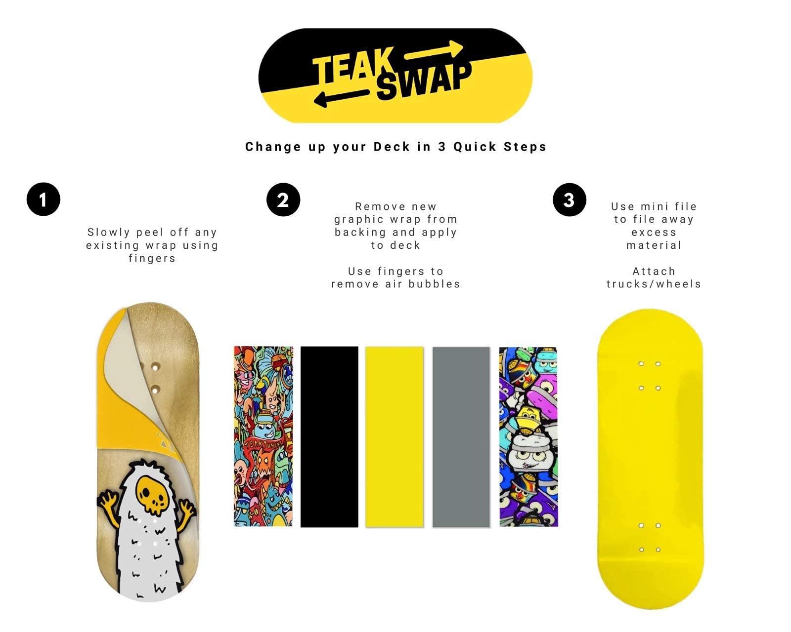 Teak Tuning Teak Swap Fingerboard Deck & Colorblock Wrap - White Snow - Pro Shape & Size, 32mm x 97mm - Maple Deck with Semi-Permanent Vinyl Colorblock