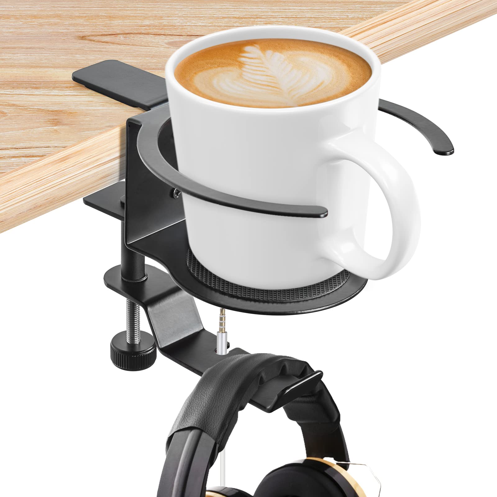 LBTING Desk Cup Holder, 2-in-1 Adjustable & 360° Rotating Office Gaming Desk Accessories for Under Desk Headphone Stand Hanging Headset, Holding Coffee Mug, Drinks, Water Bottle – Black