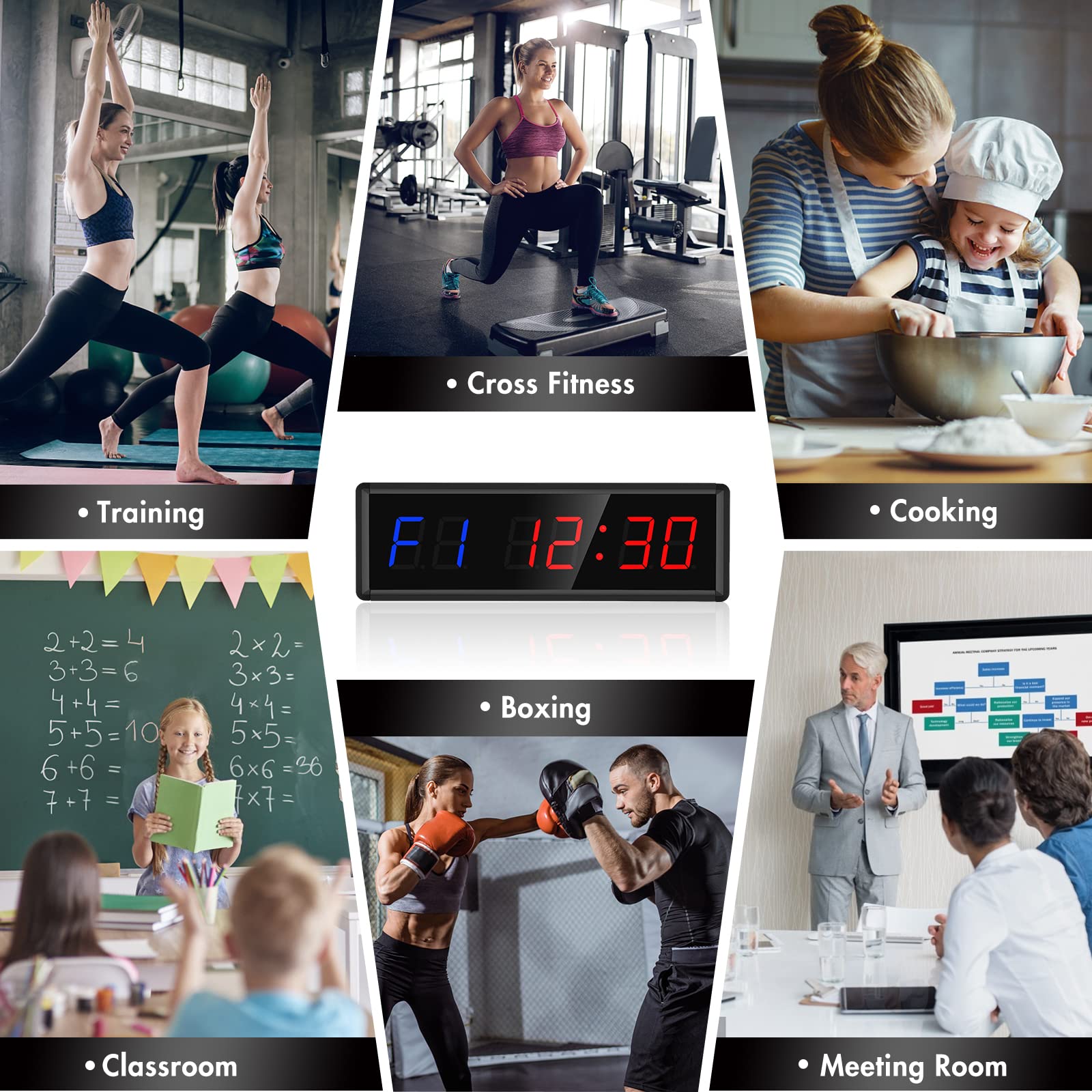 Seesii Gym Timer,LED Workout Colck Count Down/Up Clock,11.5" x 4" Ultra-Clear Digital Display, Power Bank Compatible with Workout Metal Stopwatch, Multi-Scenes with Remote (1.5 Inch Blue Red)