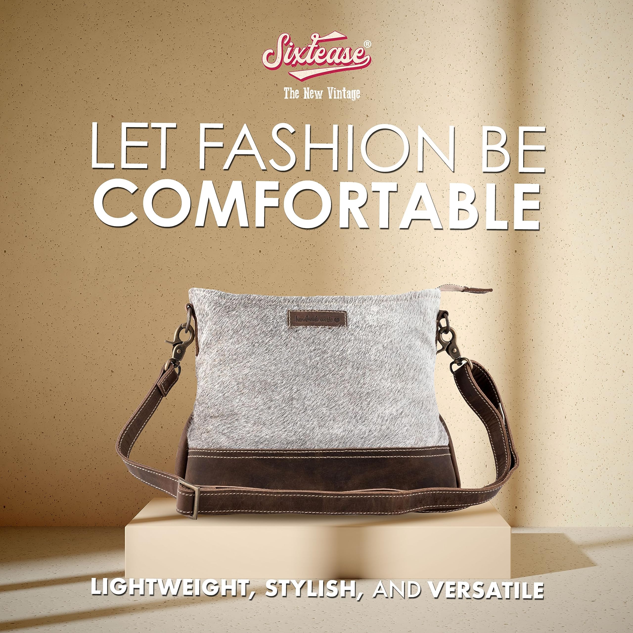 SIXTEASE Womens Shoulder Bag Vintage Style Shoulder Bags for Women - Made with Genuine Leather, Upcycled Canvas, or Hair On - Handmade, Adjustable Strap, Brass and Zinc Hardware - Raffle