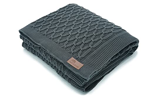 Knit Throw Blanket 60 x 50 inches | 100% Organic Cotton β GOTS Certified | Couch and Bed Throw Blankets | Knitted Throws | Adult Cable Knit (60 x 50 in, Charcoal)