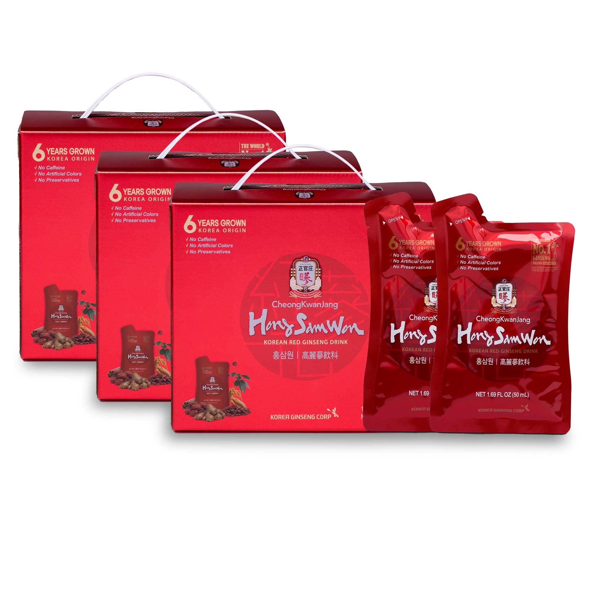 CheongKwanJang [Hong Sam Won - Energizing Wellness Drinks with Natural Korean Ginseng] Caffeine-Free, Healthy Energy Supplement, Performance, Circulations, No Artificial Colors, No Preservatives,- 500ml per Pouch (60 Count)