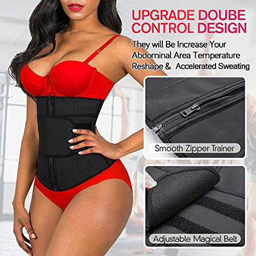 YIANNA Latex Waist Trainer for Women Tummy Control Jsculpt Double Sweat Trimmer Belt Workout Training Sport Girdle, YA2225-Black-S