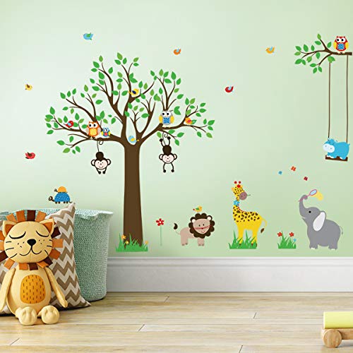 decalmile Jungle Animal Tree Wall Decals Lion Elephant Monkeys Wall Stickers Baby Nursery Kids Bedroom Playroom Wall Decor
