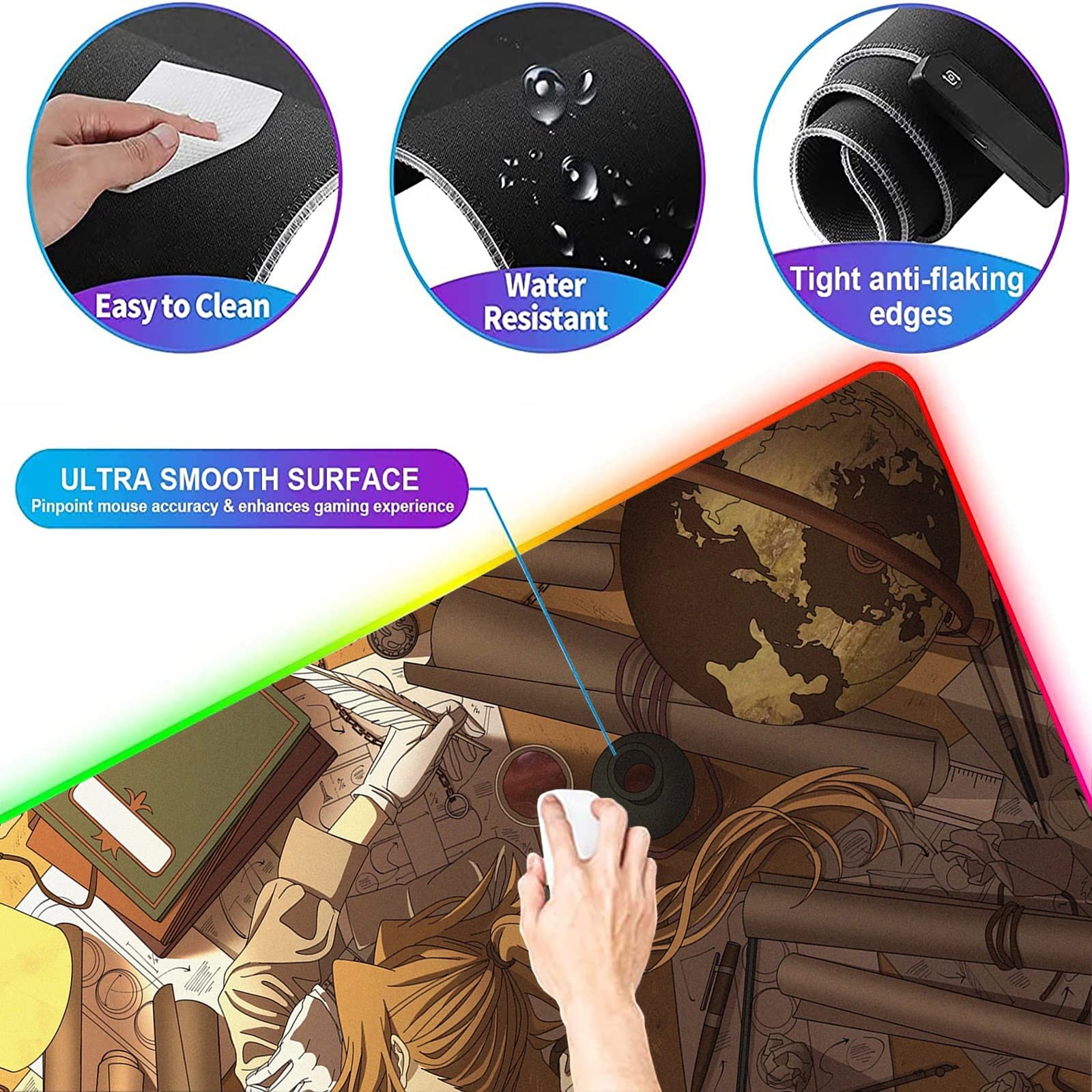 Gaming Mouse Pads Fullmetal Alchemist Mouse Pad RGB Mouse Pad Large Keyboard Desk Mat Led Gaming Accessories Computer Mat with 14 Lighting Modes 30X80Cm/L