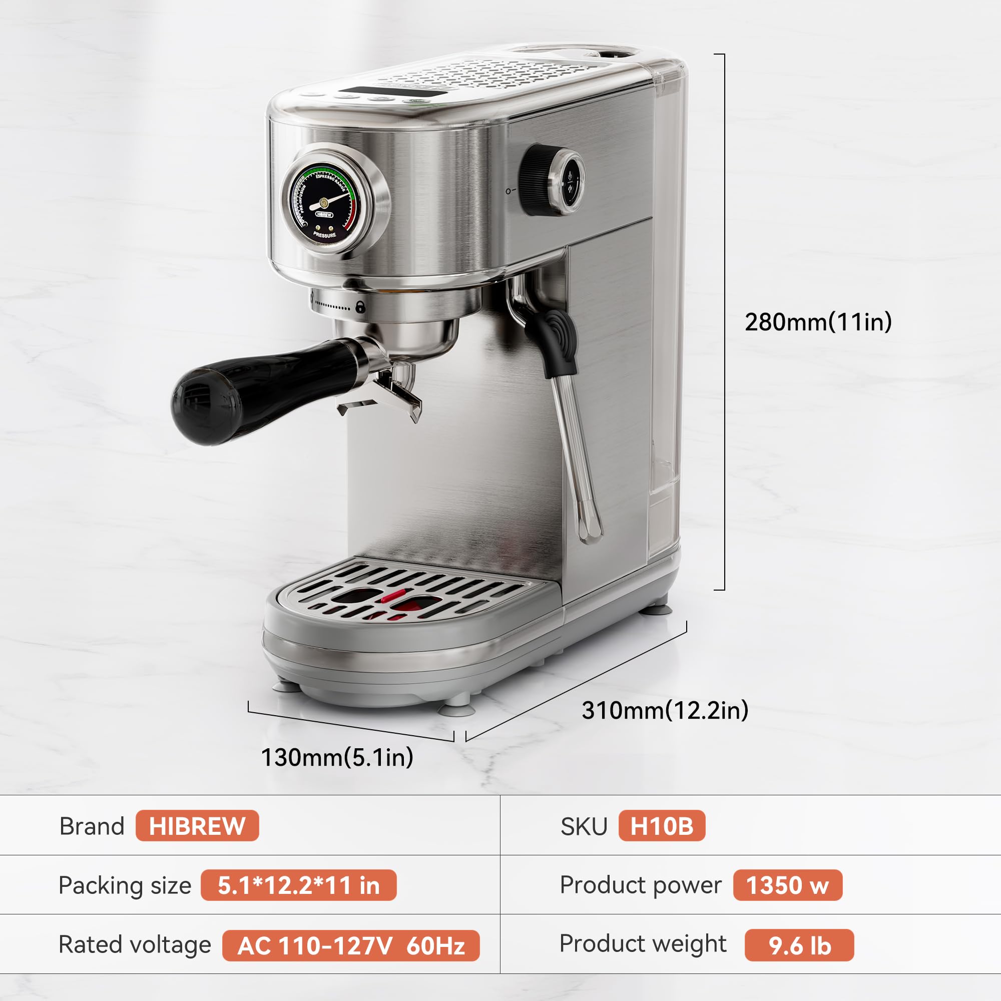 HiBREW Programmable Espresso Machine, H10B, Brushed Stainless Steel, Adjustable Temperature and Cup Volume, Steam Wand for Milk Frother
