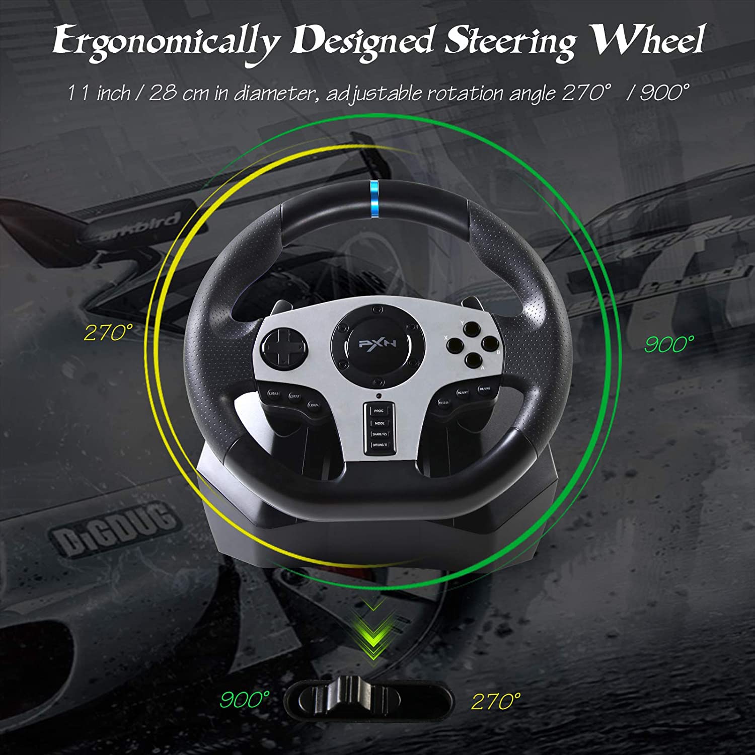 Gaming Racing Wheel, PXN V9 270°/900° Adjustable Racing Steering Wheel, with Clutch and Shifter, Support Vibration and Headset Function, Suitable for PC, PS3, PS4, Xbox One, Nintendo Switch.