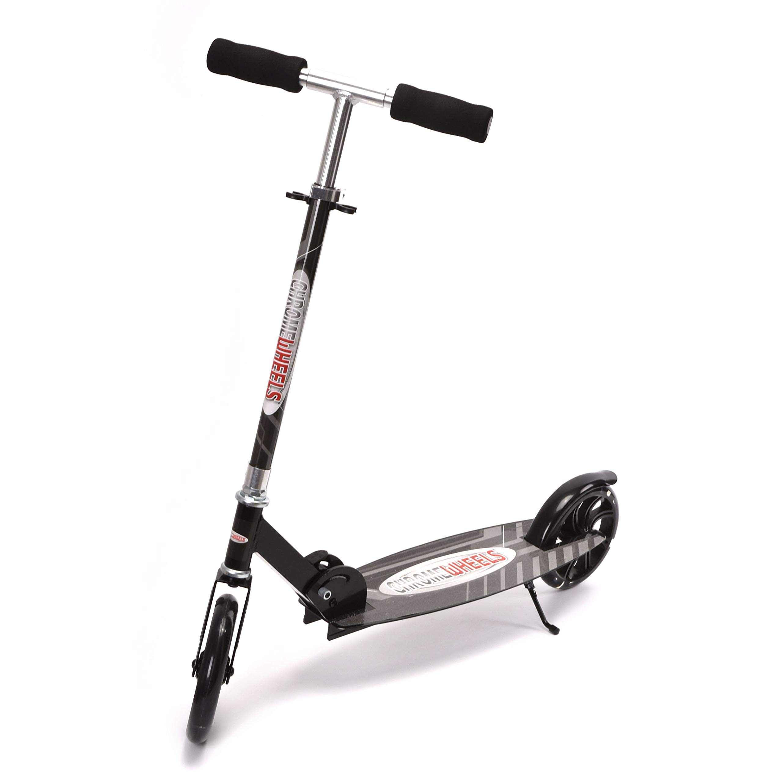 ChromeWheels Kick Scooter, Deluxe 8" Large 2 Light Up Wheels Wide Deck 5 Adjustable Height with Kickstand Foldable Scooters, Best Gift for Age 9 up Kids Girls Boys Teens, 180 lbs Weight Limit, Black