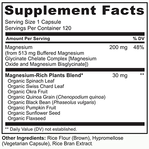 NATURELO Magnesium Glycinate Chelate Complex - 200 mg Magnesium with Organic Vegetables to Support Sleep, Calm, Muscle Cramp & Stress Relief β Gluten Free, Non GMO - 120 Capsules