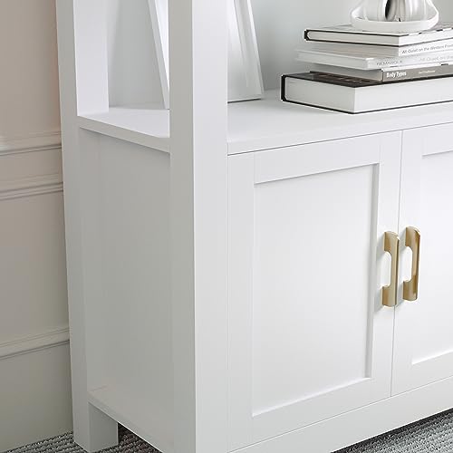 Martha Stewart Hutton Four Tier Shaker Bookcase with Storage Cabinet in White with Polished Brass Hardware