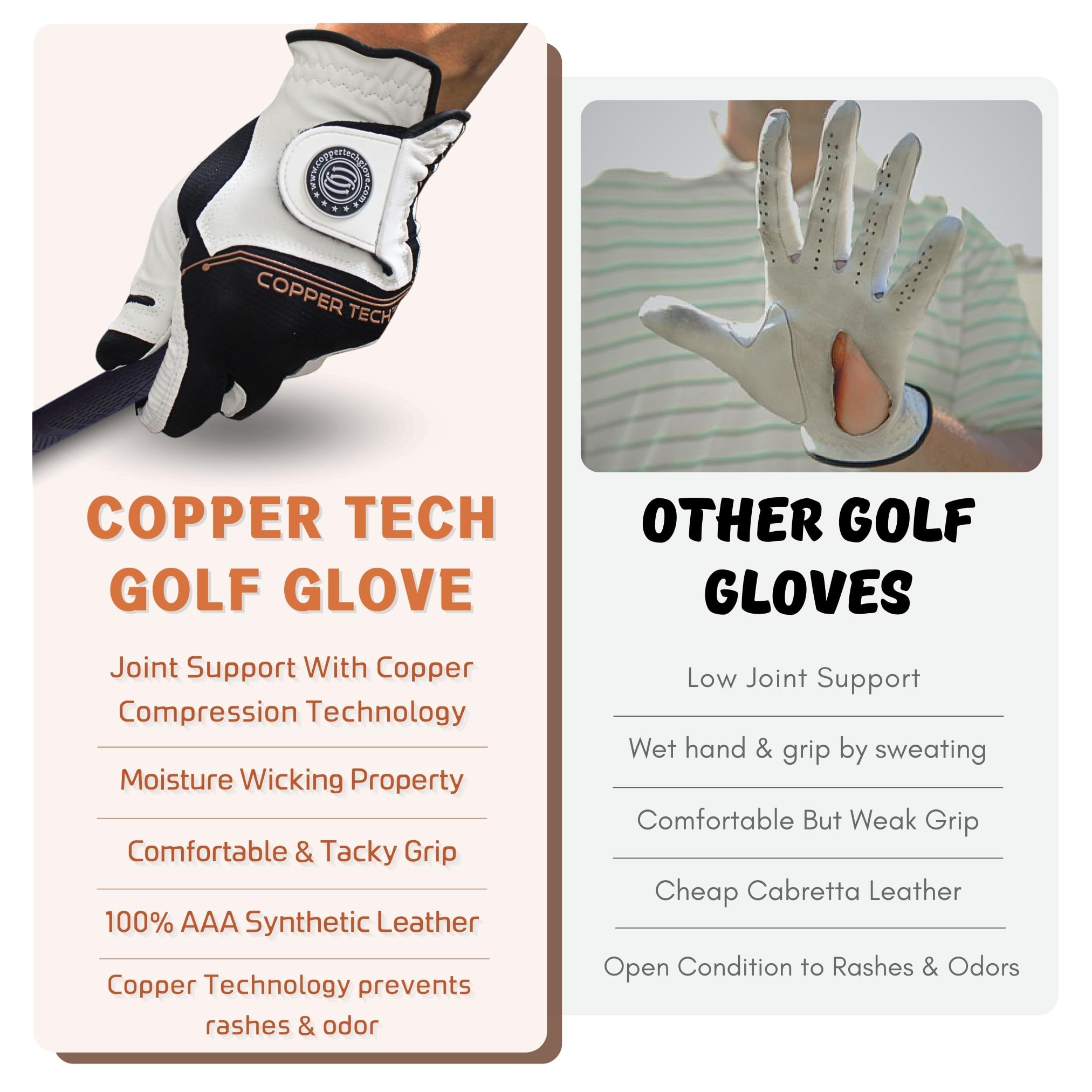Copper Tech Men's Golf Gloves (2 Pack) - Crafted with 100% AAA Synthetic Leather - Advanced Copper Compression Golf Glove for Optimal Wrist and Joint Support (White/Black, X-Large, Left)