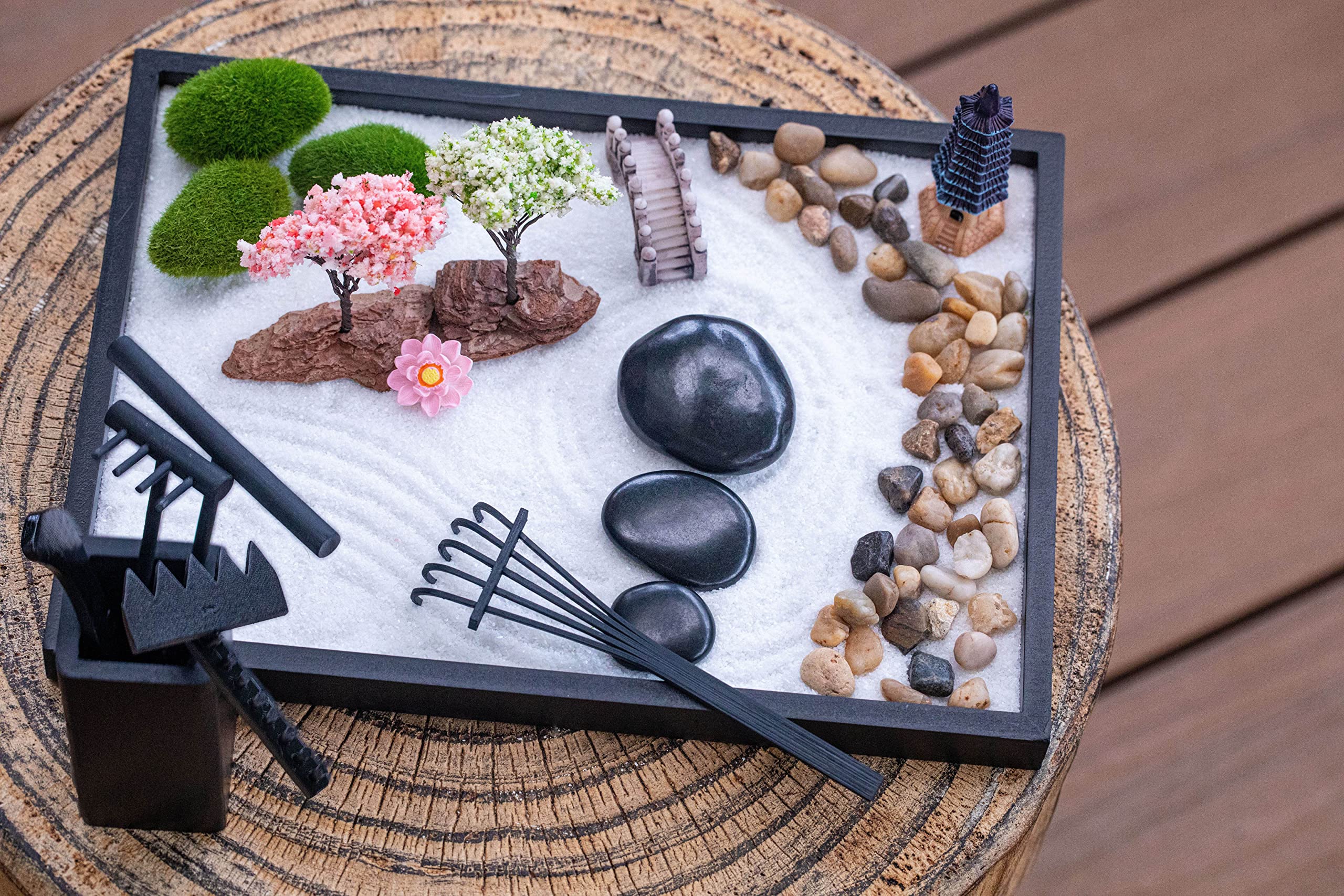 Zen Garden for Desk – 21pc. Japanese Zen Sand Garden Kit for Home, Office Desktop, Beautiful Gift, Therapy, Meditation Mini Decor Set– 11x8in. Large Sand Tray, Rocks, Black Rake Tools & Accessories