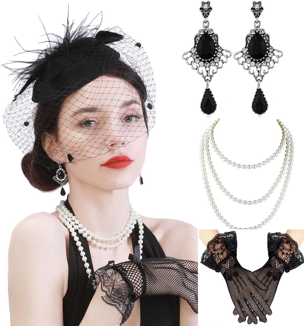 Diwlolido Fascinators Hats Pillbox Hat Cocktail Tea Party Feather Hair Clip Wedding Headwear with Veil for Women and Girls (Feather Black Set)