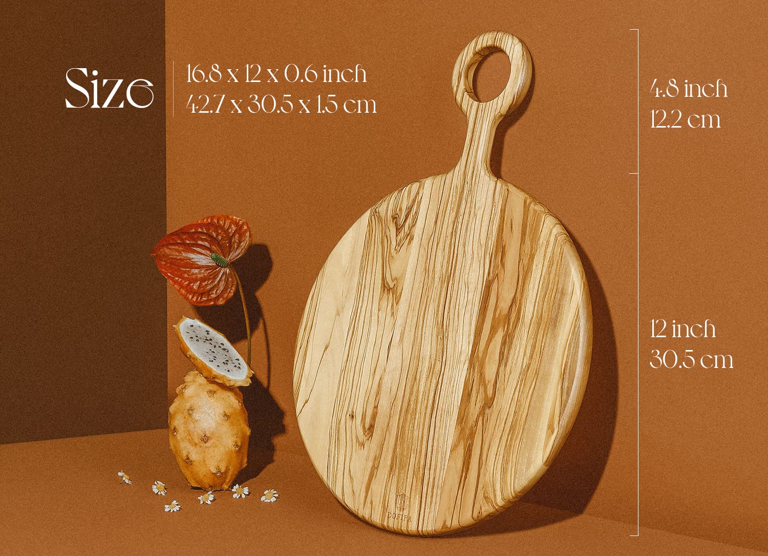 Dofira Italian Olive Wood Round Cutting Board with Ring Handle, Decorative Wooden Serving Board for Kitchen, Reversible Charcuterie Platter for Cheese, Pizza, Bread, Meat, Fruits, 17x12in [Gift Box]