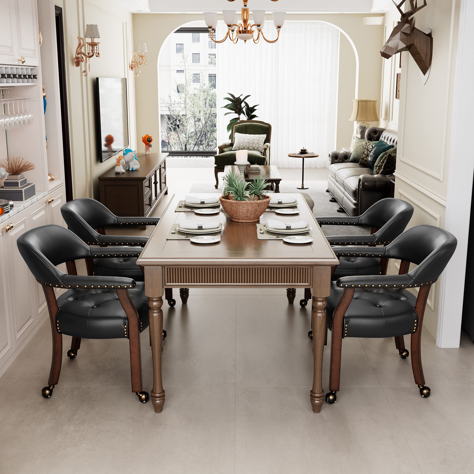 LEEMTORIG Large Dining Chairs with Casters and Arms, Rolling Dining Chairs with Wheels, Accent Game Chairs Boss Caption's Chairs, 26" D x 25.2" W x 31.5" H, Cherry Legs & Black SY-1533-BK