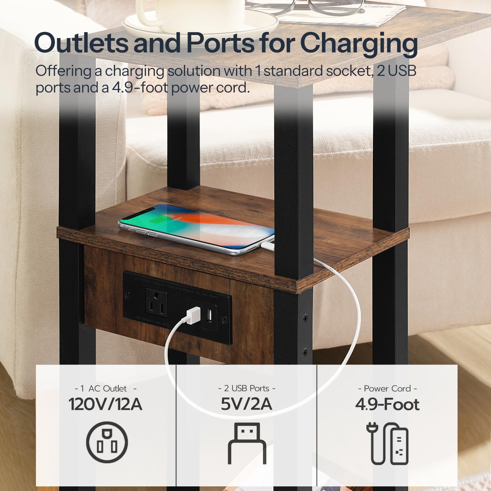HOOBRO C Shaped End Table Set of 2 with Charging Station, Side Table with 2 USB Ports and Outlets, TV Tray Table, Couch Table for Small Spaces, Living Room, Bedroom, Rustic Brown and Black BF62USFP201