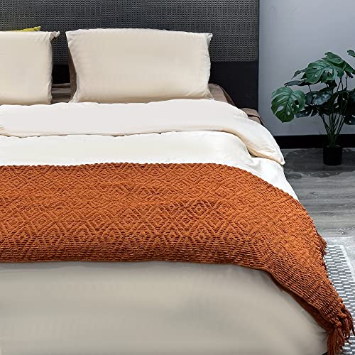 JOOJA Throw Blanket for Couch Knit Blanket Textured Chenille Blanket for Bed Super Soft Cozy Warm Blanket with Tassels for Chair Sofa Living Room, 60x80 Inches Burnt Orange