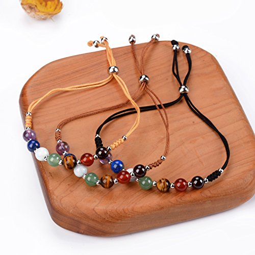 Cherry Tree Collection Natural Gemstone Chakra Bracelet | Adjustable Size Nylon Cord | 6mm Beads, Silver Spacers | 5.0-6.5" (Black-Small)