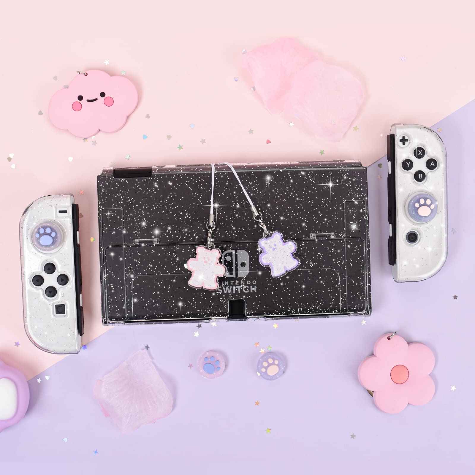 DLseego Glitter Theme Switch OLED Case Set Bling Protective Dockable Crystal Cover with Pink & Purple Shiny Cat Claw Thumb Grips and Sparkly Bear Charm