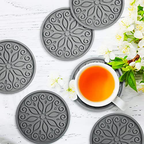 Qusum Coasters for Drinks,Resistant Reusable Silicone Coasters with Holder,Set of 6 - Great Gift for Birthday, Housewarming, Room Decor, Holiday Party, Bar Coasters(Grey), 1grey
