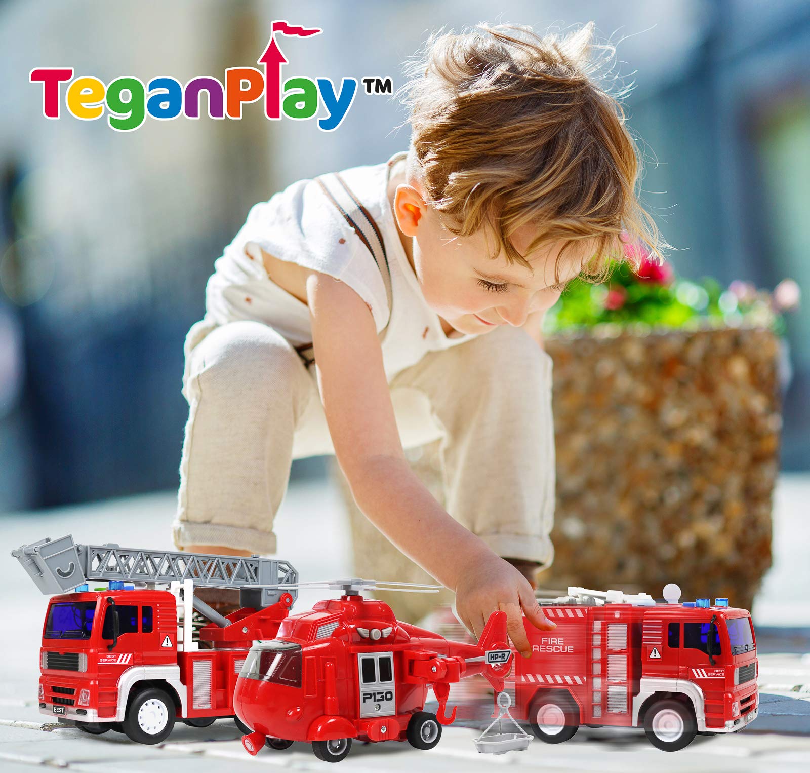 TeganPlay Fire Truck 3 Pack Friction Powered Fire Rescue Vehicle Car Set with Lights and Sounds Including Helicopter, Firefighter and Fire Engine Toys for Boys Toddlers
