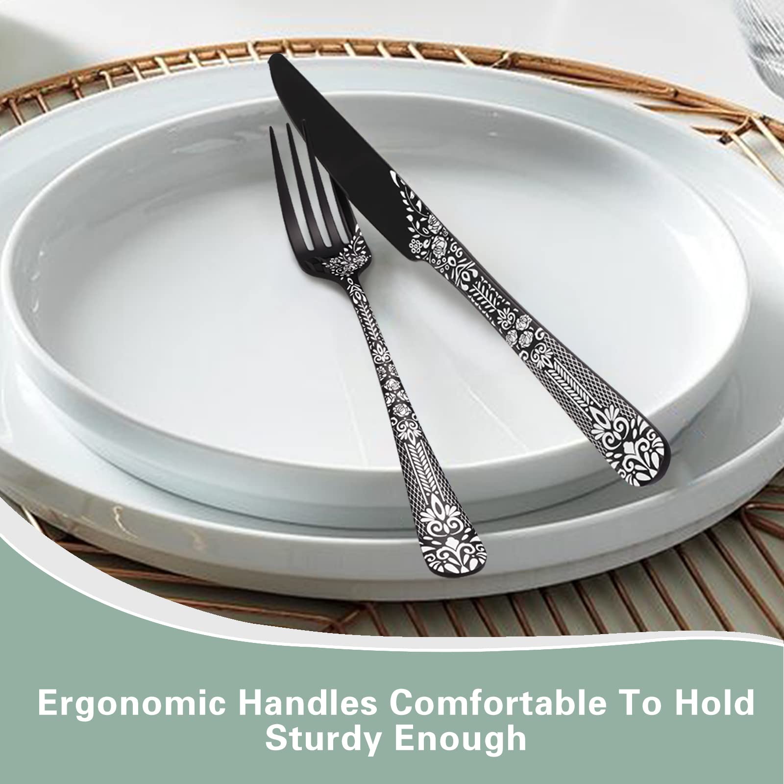 EUIRIO 72-Piece Black Silverware Set with Steak Knives,Black Flatware Set for 12,Stainless Steel Tableware Cutlery Set,Kitchen Utensils Spoon and Fork Set with Floral Laser,Dishwasher Safe