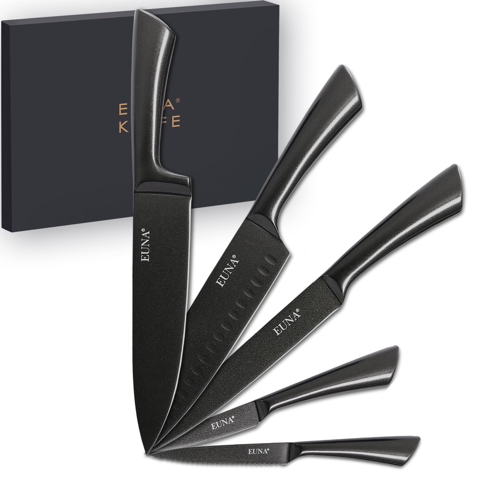 EUNA Kitchen knife set of 5, Sharp Chef Knife Set without Block Professional High Carbon Stainless Steel Cooking Knife Set with acrylic Handle and Gift Box