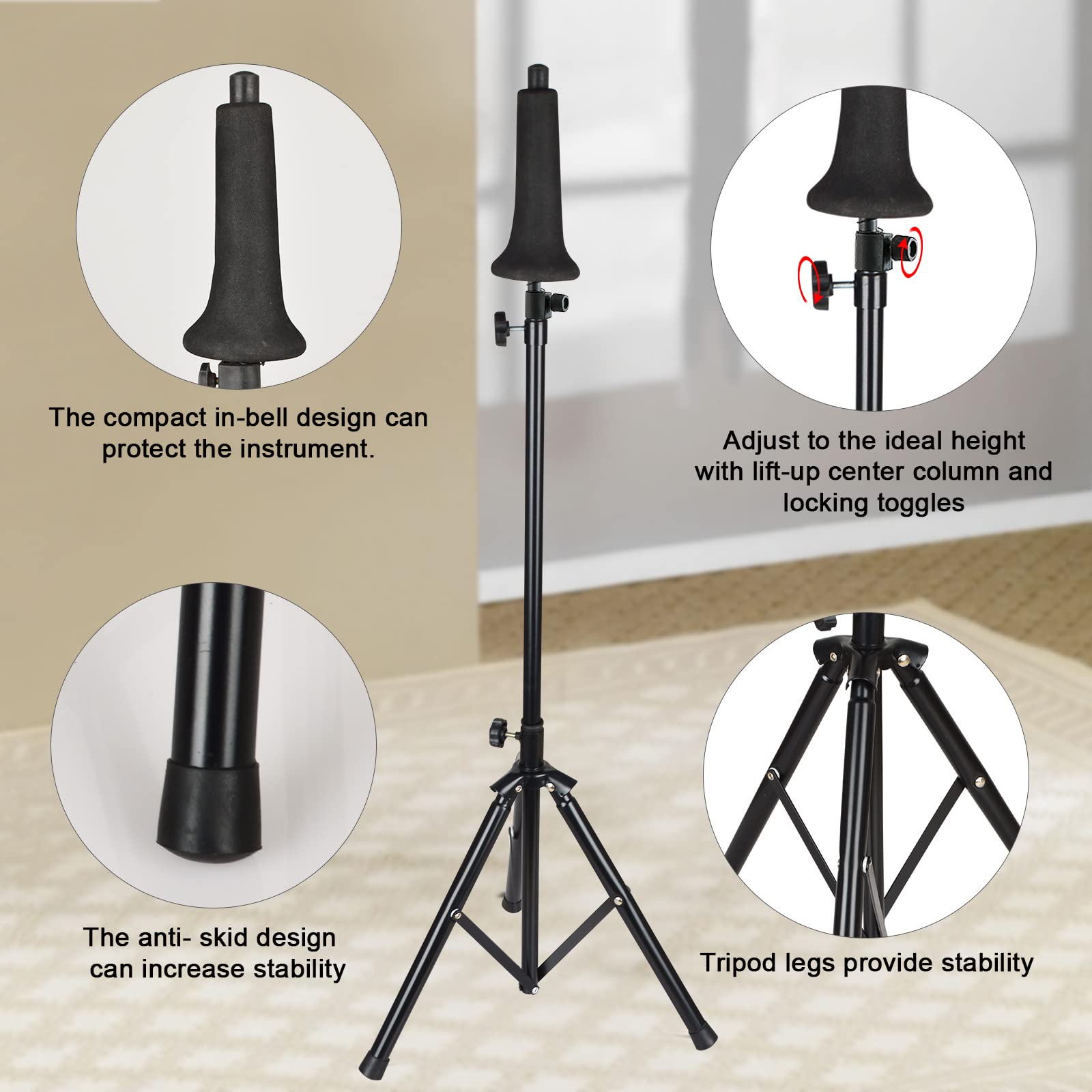 Trombone Stand Portable with Cushioned Bell Mount, Black Finish Height Adjustable 40.94-57.5inch