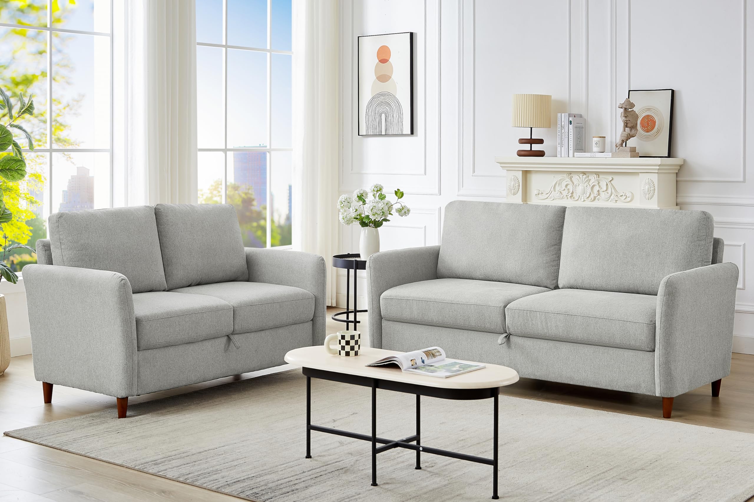 HOLYFIND Modern Loveseat Sofa Couch with Storage,Upholstered Small Couch,Mini Couch Furniture for Bedroom, Apartment, Office and Small Spaces(Light Gray, 56.5''-2seat)