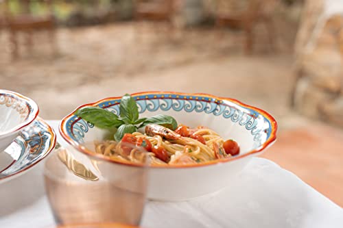 Euro Ceramica Duomo Collection Pasta Bowl Set of 4, Italian Floral Design, Multicolor, gold and cream, 34 fluid ounces