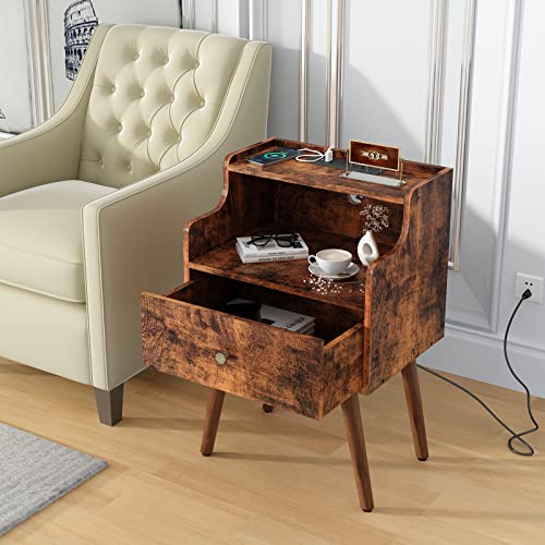 NONGSHIM Nightstand, Side Table with Charging Station, Mid-Century Modern Night Stands, Bedside Table with Storage Drawer and Solid Wood Legs, Accent End Table for Living Room, Bedroom, Rustic Brown