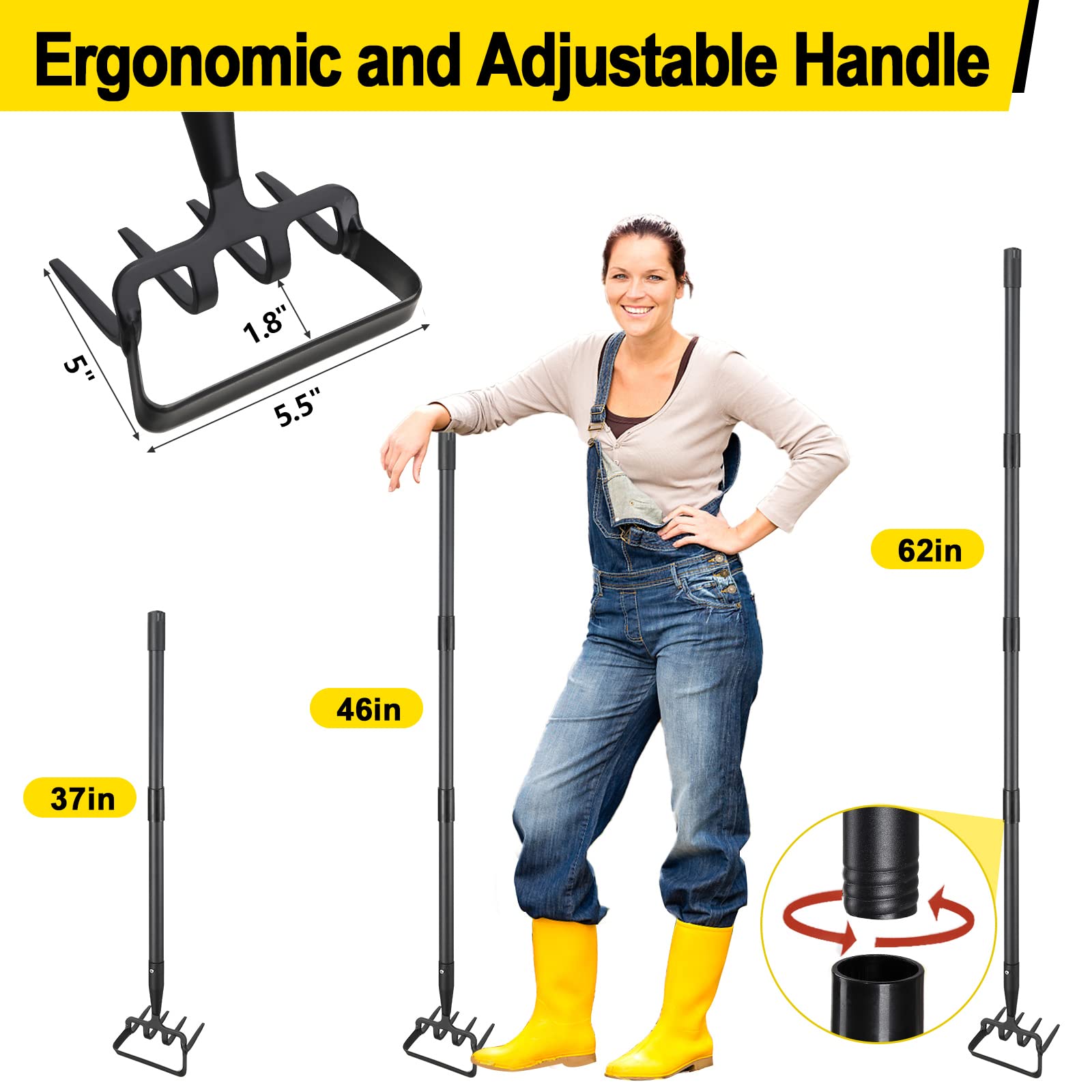 Garden Hoe, Cultivator Stirrup Hoe Garden Tool for Weeding, 62 Inch Heavy Duty Hula Hoe with Adjustable Long Handle, Action Scuffle Loop Hoe with Rake 2-in-1 Gardening Tool for Loosening Pulling Weed