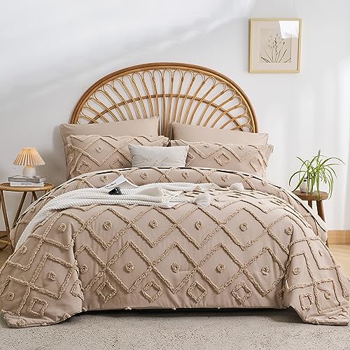 inron Khaki Queen Comforter Set Tufted Bed in a Bag Queen 7 Pieces,Geometry Shabby Chic Boho Comforter and Sheet Set.Jacquard Farmhouse Bedding for All Season(Khaki,90β*90β)